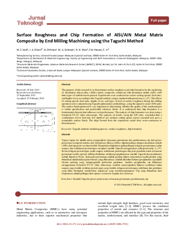 Pdf Surface Roughness And Chip Formation Of Alsi Ain Metal Matrix Composite By End Milling