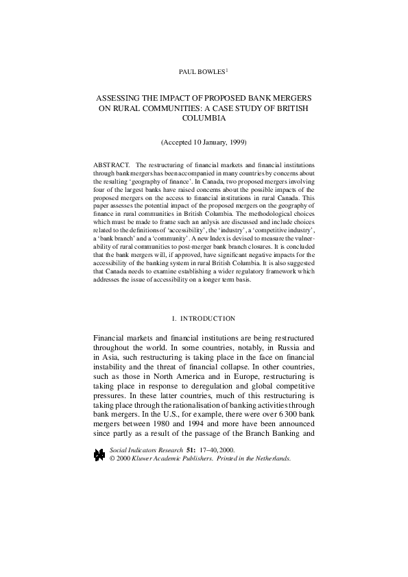 (PDF) Assessing the Impact of Proposed Bank Mergers on Rural ...