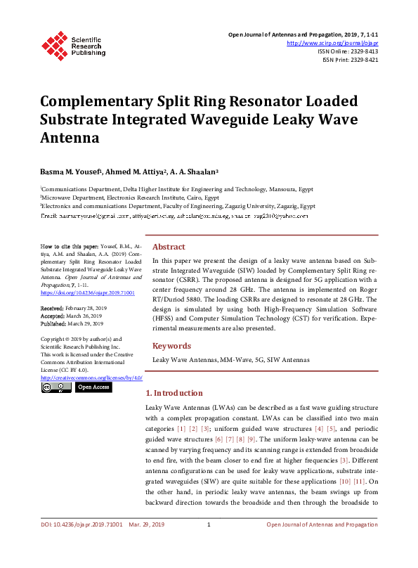 (PDF) Complementary Split Ring Resonator Loaded Substrate Integrated Waveguide Leaky Wave Antenna