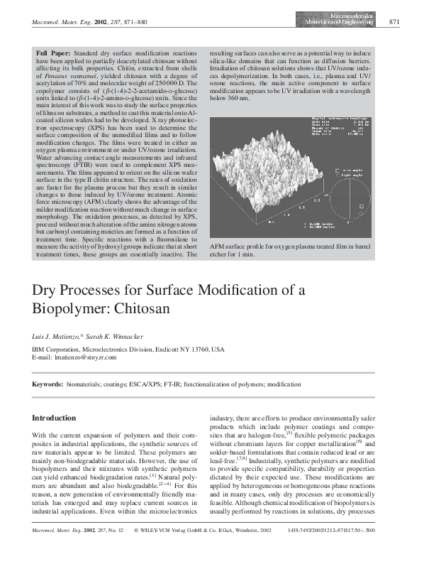 (PDF) Dry Processes for Surface Modification of a Biopolymer: Chitosan
