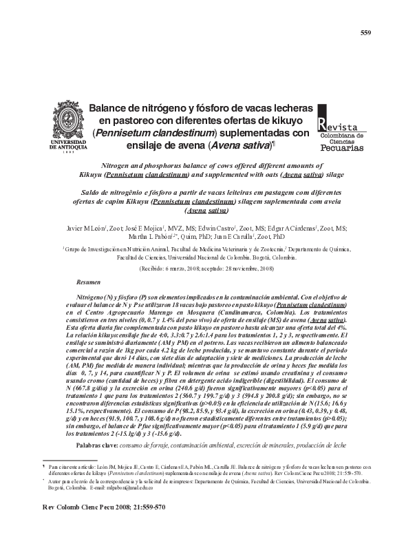 (PDF) Nitrogen and phosphorus balance of cows offered different amounts ...