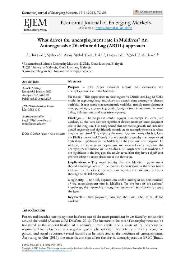 (PDF) What drives unemployment rate in Maldives? An Autoregressive ...