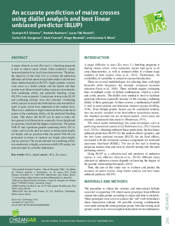 (PDF) An accurate prediction of maize crosses using diallel analysis and best linear unbiased ...