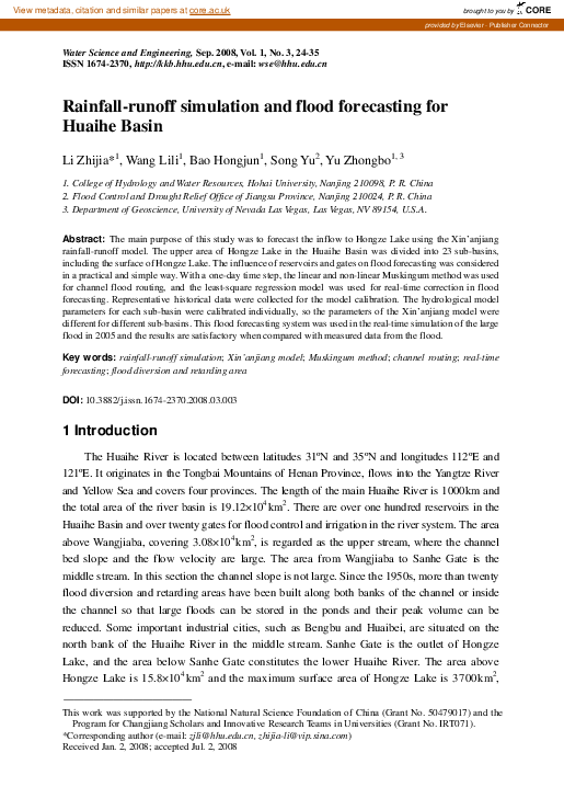 (PDF) Rainfall-runoff simulation and flood forecasting for Huaihe Basin