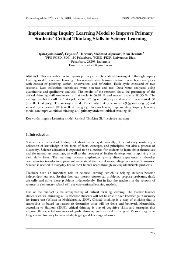(PDF) Implementing Inquiry Learning Model to Improve Primary Students’ Critical Thinking Skills ...