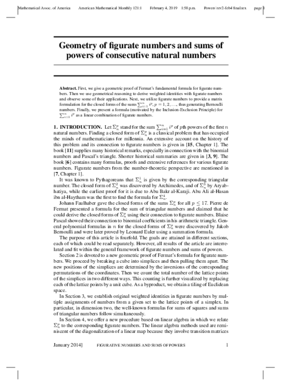 (PDF) Geometry of Figurate Numbers and Sums of Powers of Consecutive Natural Numbers