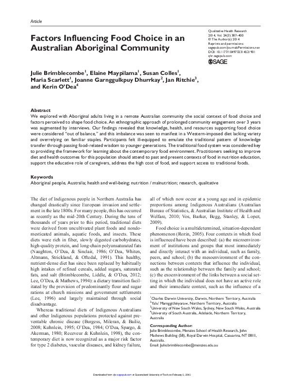 (PDF) Factors Influencing Food Choice in an Australian Aboriginal Community