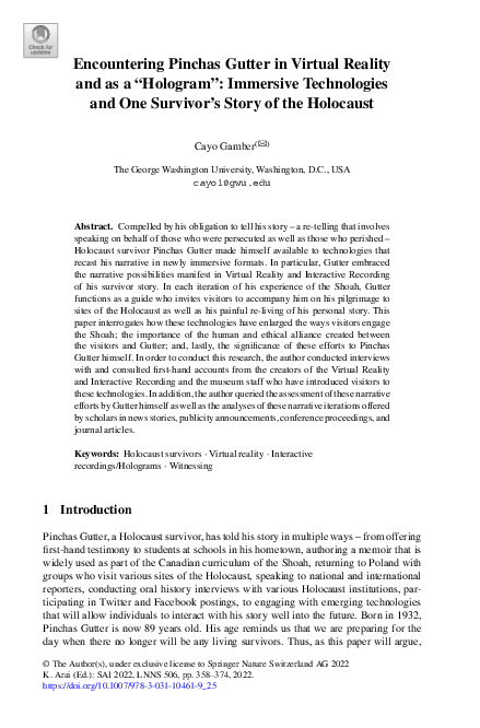 (PDF) Encountering Pinchas Gutter in Virtual Reality and as a "Hologram ...