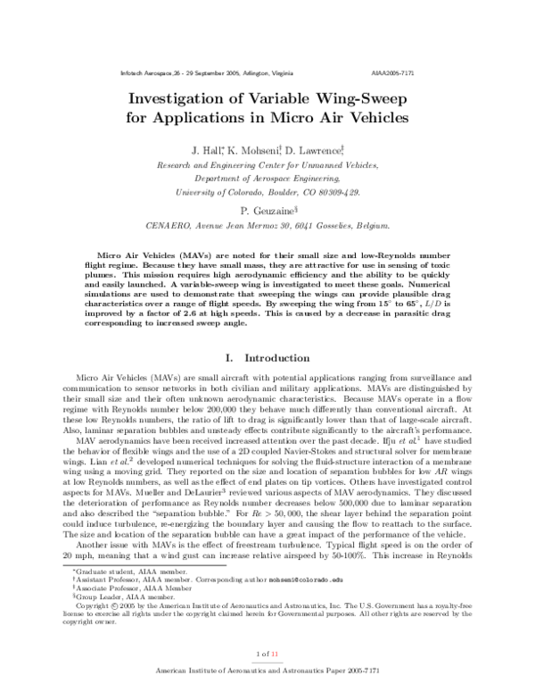 (PDF) Investigation of Variable Wing-Sweep for Applications in Micro Air Vehicles