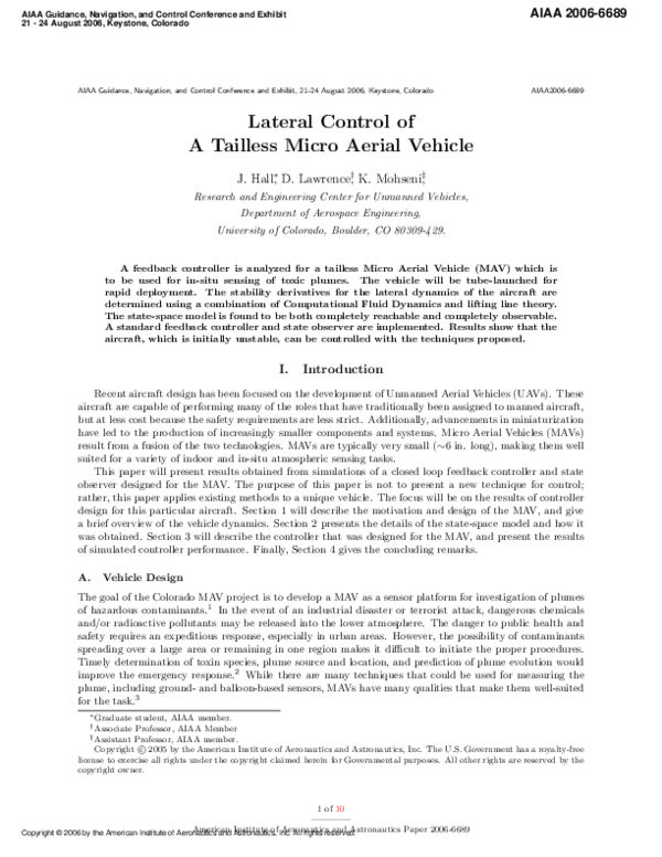 (PDF) Lateral Control of a Tailless Micro Aerial Vehicle
