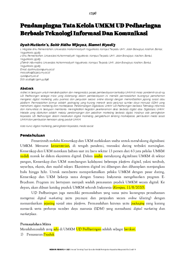 (PDF) Pendampingan Tata Kelola Umkm Ud Pedharingan Berbasis Teknologi Informasi Dan Komunikasi