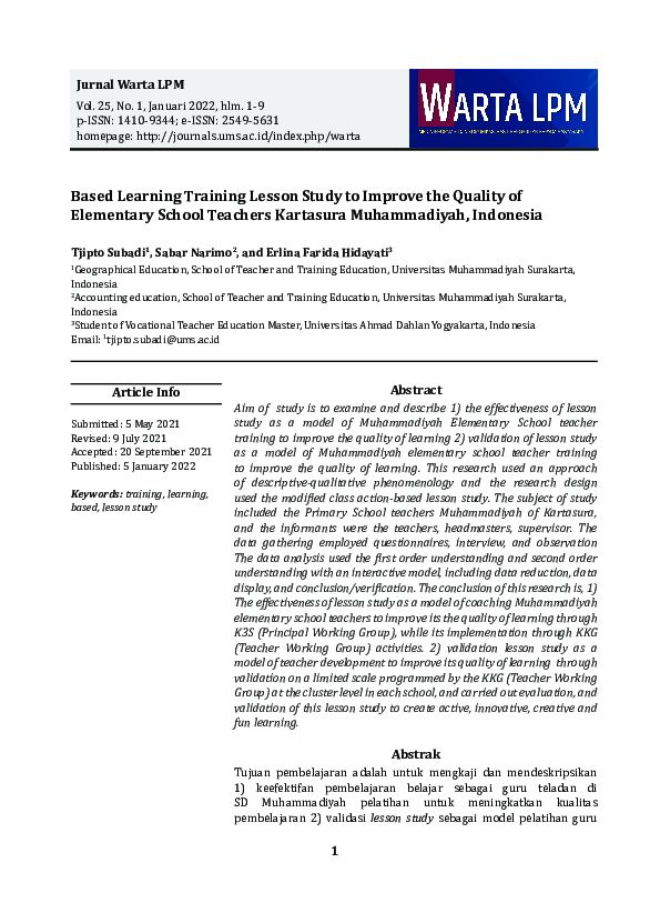 (PDF) Based Learning Training Lesson Study to Improve the Quality of ...