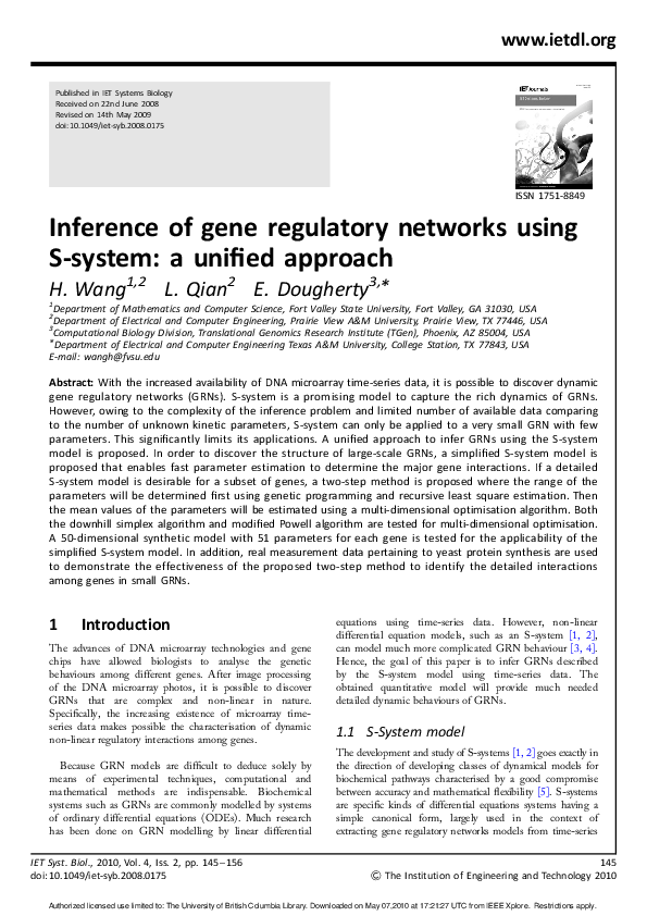 (PDF) Inference of gene regulatory networks using S-system: a unified ...