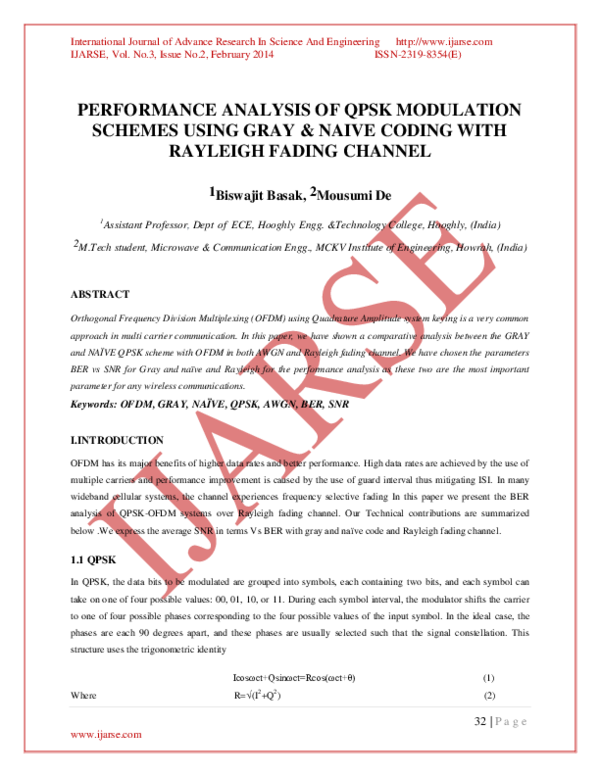 Pdf Performance Analysis Of Qpsk Modulation Schemes Using Gray