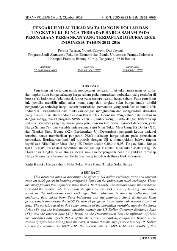 (PDF) Pengaruh Nilai Tukar Mata Uang Us Dollar Dan Tingkat Suku Bunga Terhadap Harga Saham Pada ...