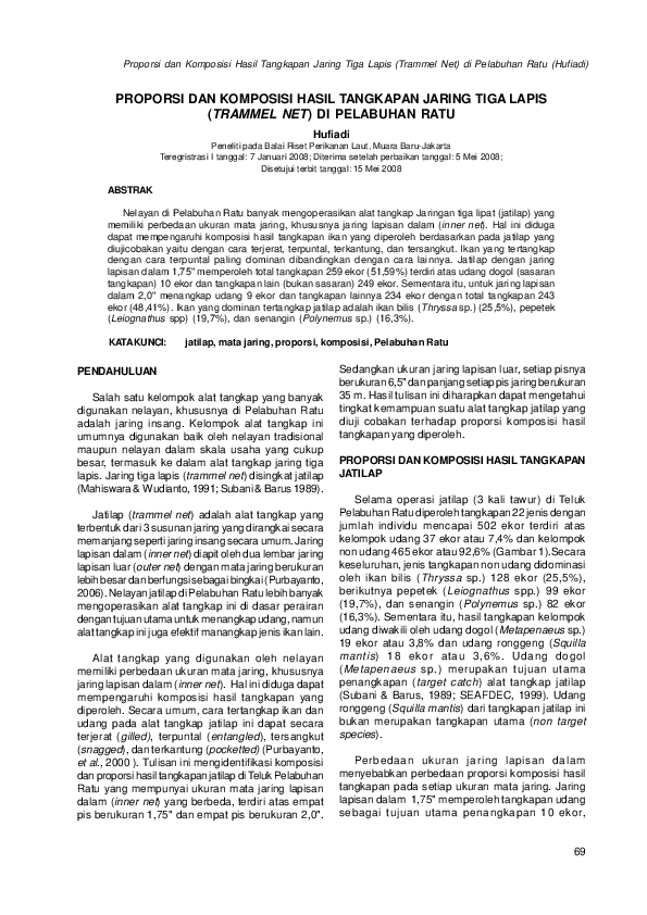 (PDF) Proporsi Dan Komposisi Hasil Tangkapan Jaring Tiga Lapis (Trammel ...