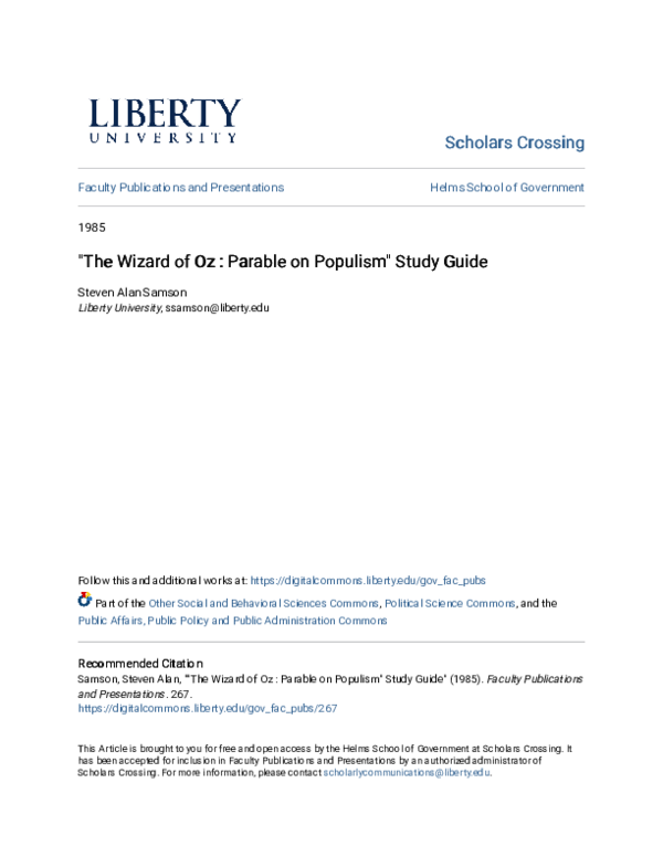 (PDF) The Wizard of Oz : Parable on Populism" Study Guide