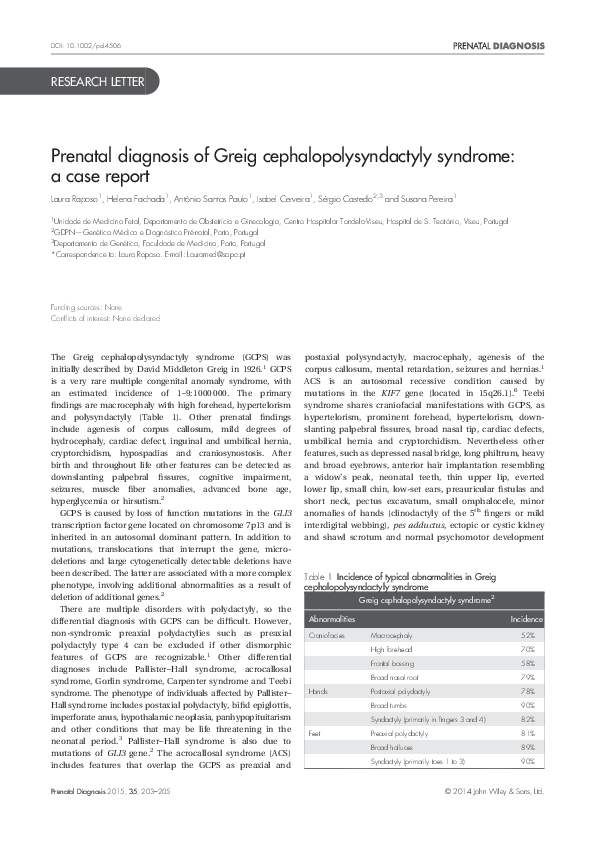 (PDF) Prenatal diagnosis of Greig cephalopolysyndactyly syndrome: a ...