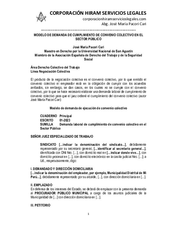 (PDF) MODELO DE DEMANDA LABORAL DE CUMPLIMIENTO DE CONVENIO COLECTIVO