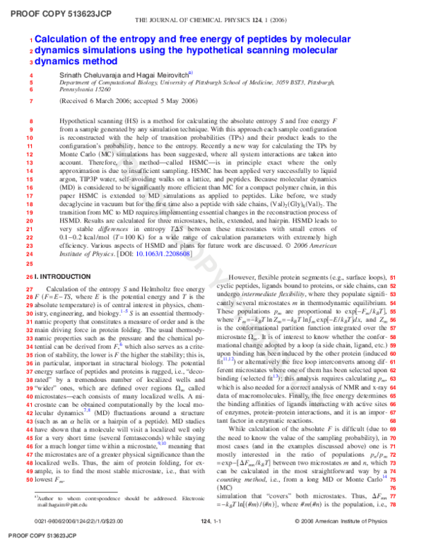 (PDF) PROOF COPY 513623JCP Calculation of the entropy and free energy of peptides by molecular ...