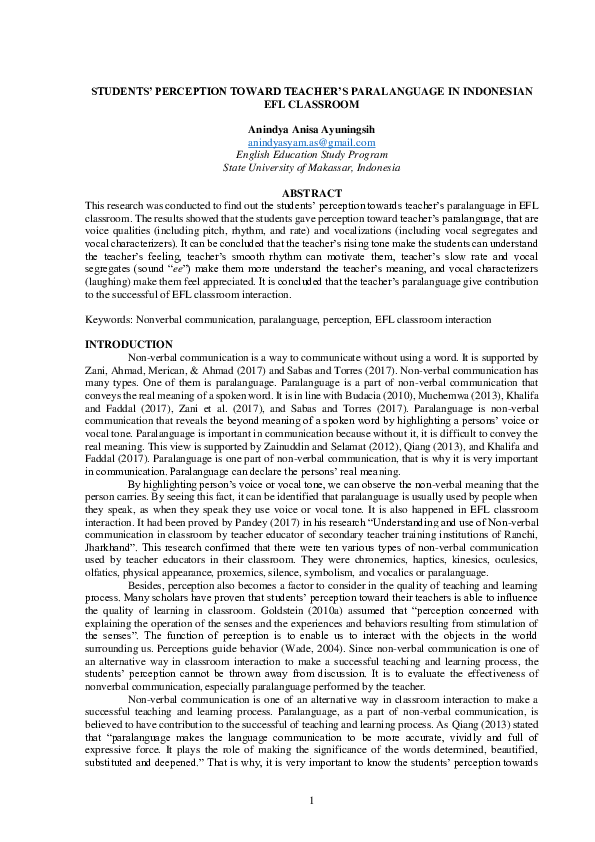 (PDF) STUDENTS' PERCEPTION TOWARD TEACHER'S PARALANGUAGE IN INDONESIAN EFL CLASSROOM