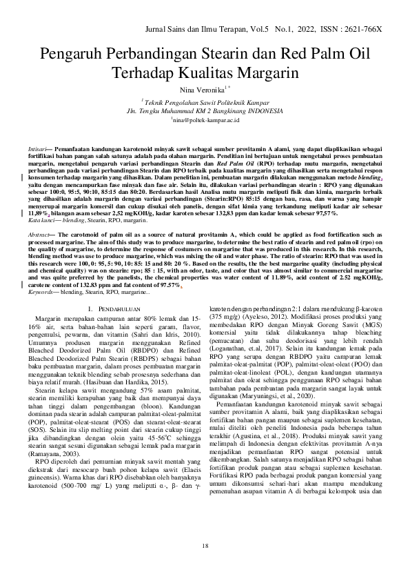 (PDF) Pembuatan Margarin Dengan Variasi Perbandingan Stearin dengan Red ...