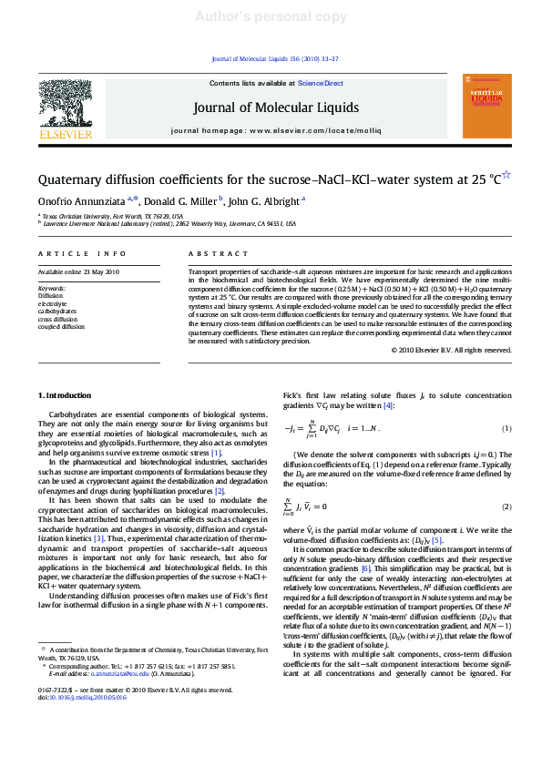 (PDF) Quaternary diffusion coefficients for the sucrose–NaCl–KCl–water ...