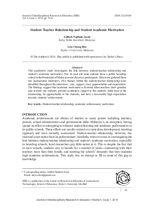 (PDF) Student-Teacher Relationship and Student Academic Motivation