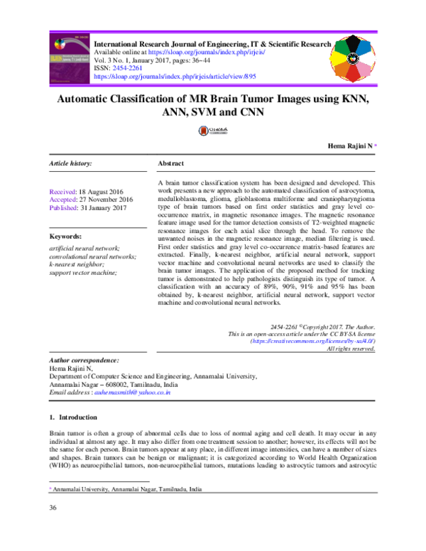 (PDF) Automatic classification of MR brain tumor images using KNN, ANN, SVM and CNN