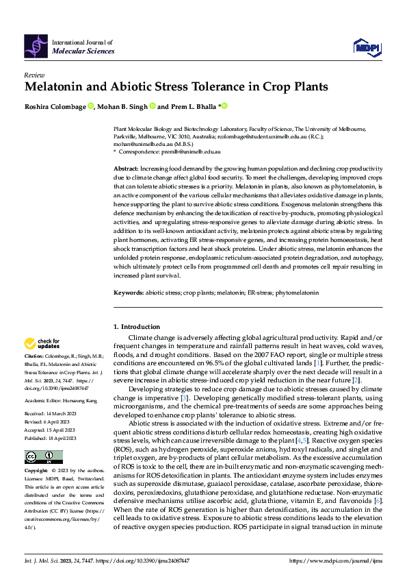 (PDF) Melatonin and Abiotic Stress Tolerance in Crop Plants