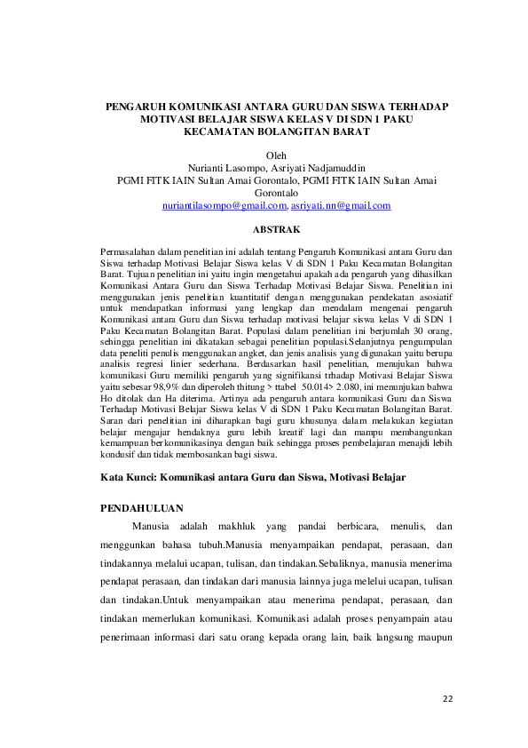 (PDF) Pengaruh Komunikasi Antara Guru Dan Siswa Terhadap Motivasi Belajar Siswa Kelas V DI SDN 1 ...