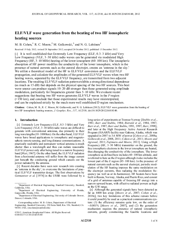 (PDF) ELF/VLF wave generation from the beating of two HF ionospheric ...