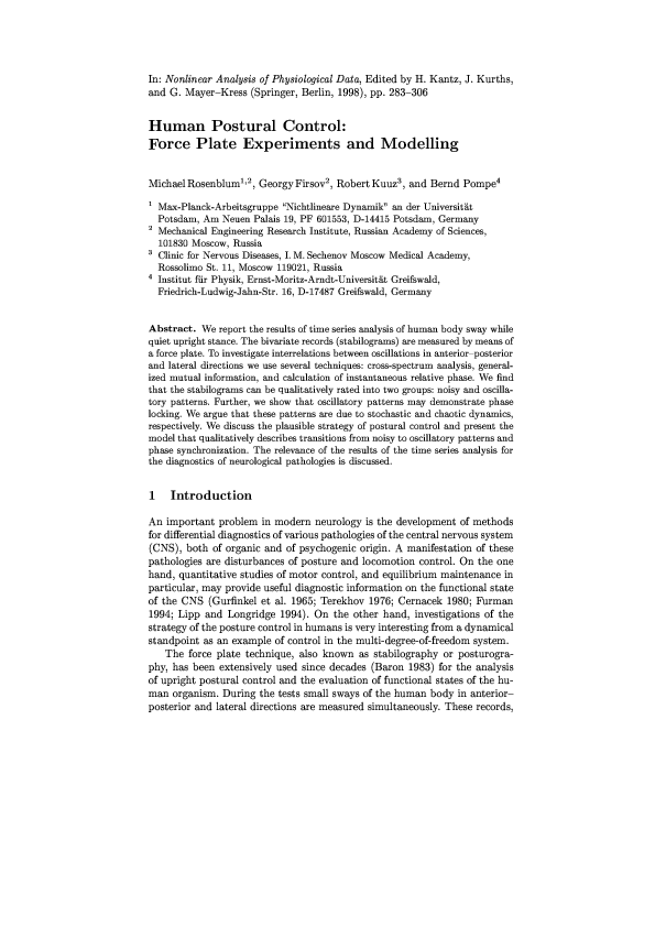 (PDF) Human Postural Control: Force Plate Experiments and Modelling