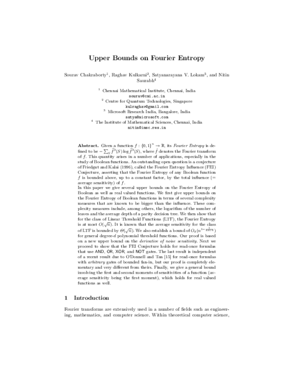 Pdf Upper Bounds On Fourier Entropy Satyanarayana Lokam