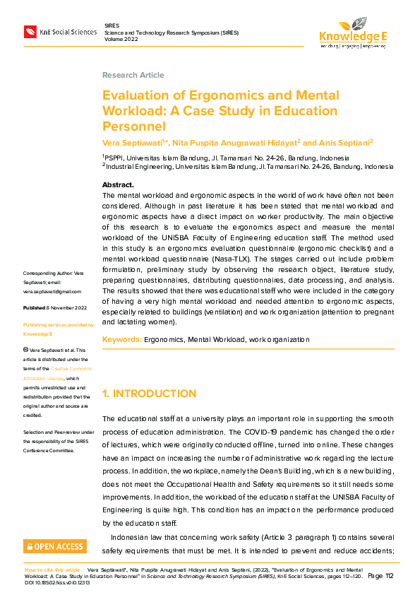 (PDF) Evaluation of Ergonomics and Mental Workload: A Case Study in Education Personnel