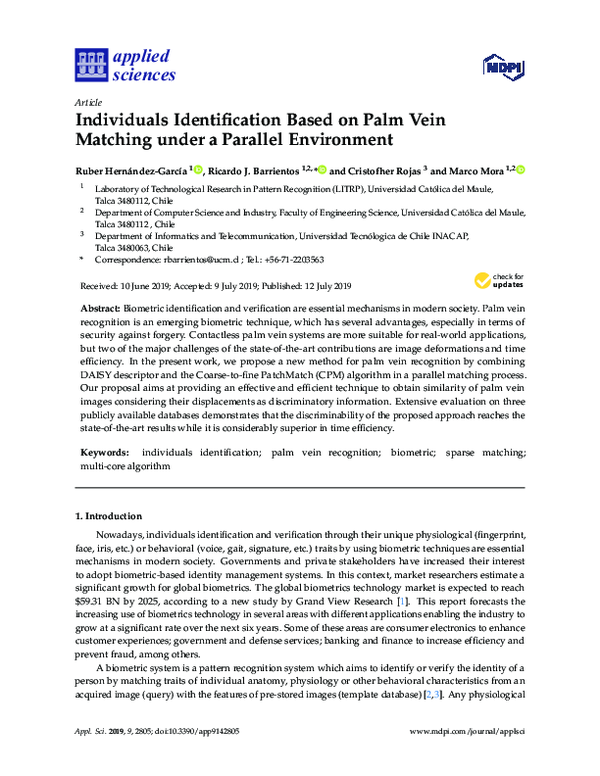 Pdf Individuals Identification Based On Palm Vein Matching Under A Parallel Environment