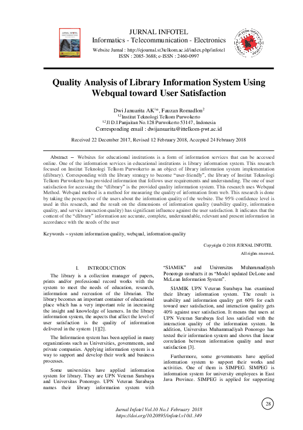 Pdf The Quality Analysis Of Library Information System Using Webqual Toward User Satisfaction