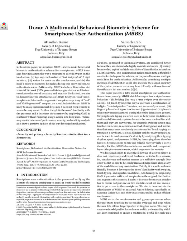 Pdf Demo A Multimodal Behavioral Biometric Scheme For Smartphone