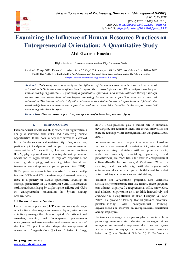 Pdf Examining The Influence Of Human Resource Practices On Entrepreneurial Orientation A