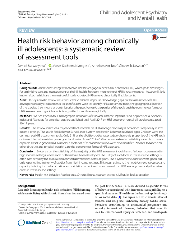 (PDF) Health risk behavior among chronically ill adolescents: a ...