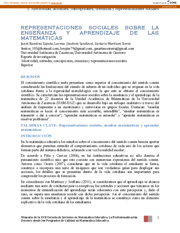 (PDF) Representaciones sociales sobre la enseñanza y aprendizaje de las matemáticas