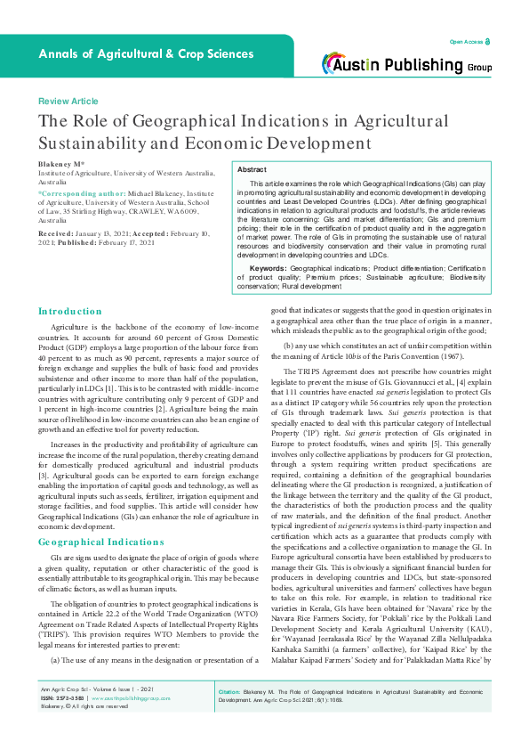 (PDF) The Role of Geographical Indications in Agricultural ...