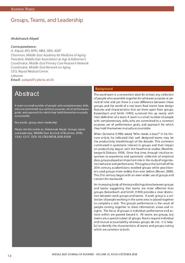 (PDF) Business Theory Groups , Teams , and Leadership