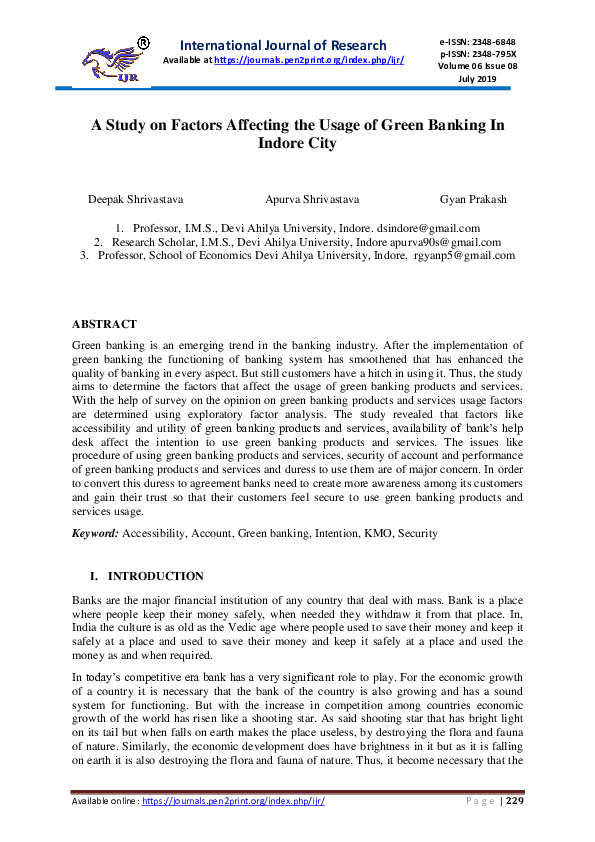 (PDF) A Study on Factors Affecting the Usage of Green Banking In Indore City
