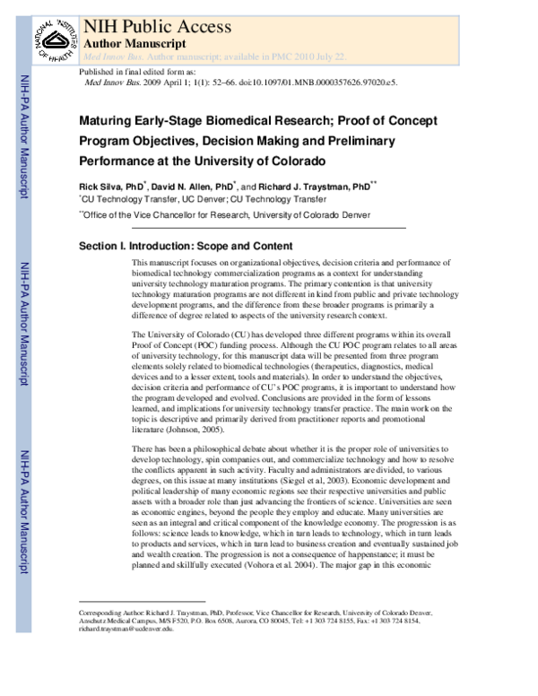 (PDF) Maturing Early-Stage Biomedical Research; Proof of Concept ...