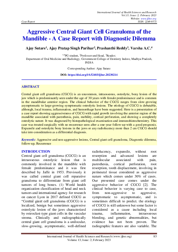 (PDF) Aggressive Central Giant Cell Granuloma of the Mandible -A Case ...