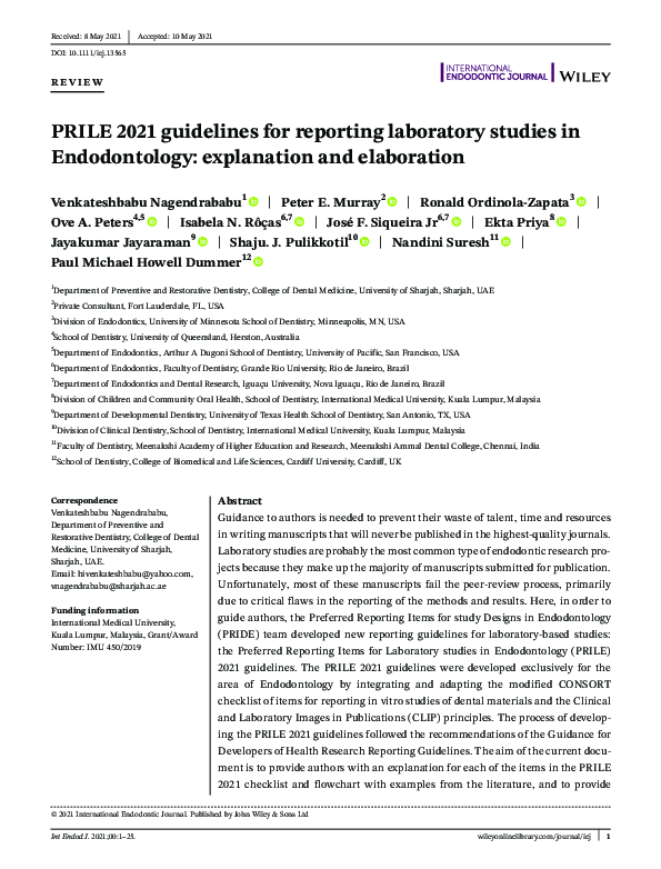 (PDF) PRILE 2021 guidelines for reporting laboratory studies in Endodontology: explanation and ...