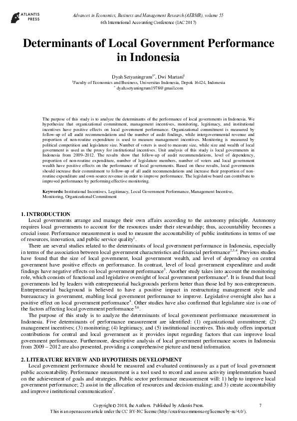 (PDF) Determinants of Local Government Performance in Indonesia