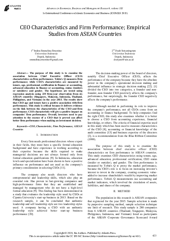 (PDF) CEO Characteristics and Firm Performance; Empirical Studies from ...