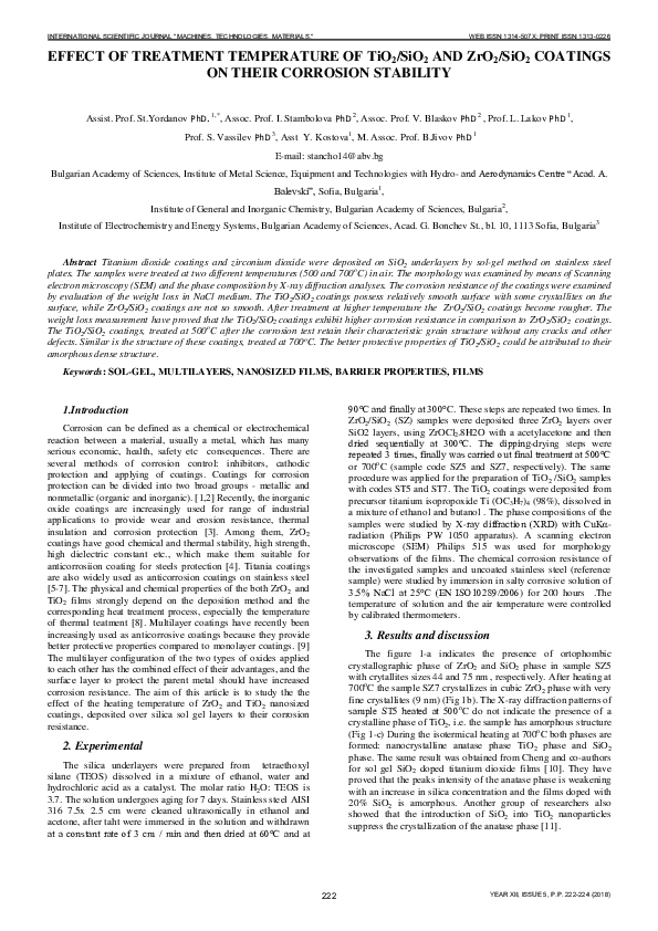 (PDF) EFFECT OF TREATMENT TEMPERATURE OF TiO2/SiO2 AND ZrO2/SiO2 COATINGS ON THEIR CORROSION ...
